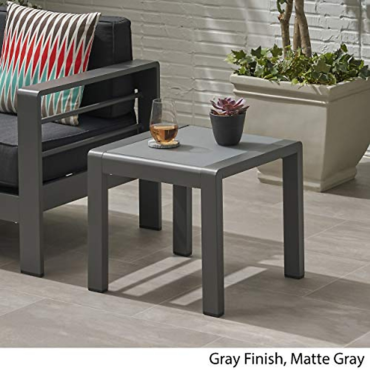 GDFStudio Outdoor Aluminum Side Table with Glass Top, Matte Gray and Gray Finish