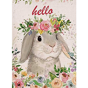 Furiaz Home Decorative Hello Easter Bunny Small Garden Flag, Spring Rabbit Yard Outdoor Decoration Rose Flowers Sign, Holiday Floral Burlap Seasonal Outside Decor Double Sided 12 x 18