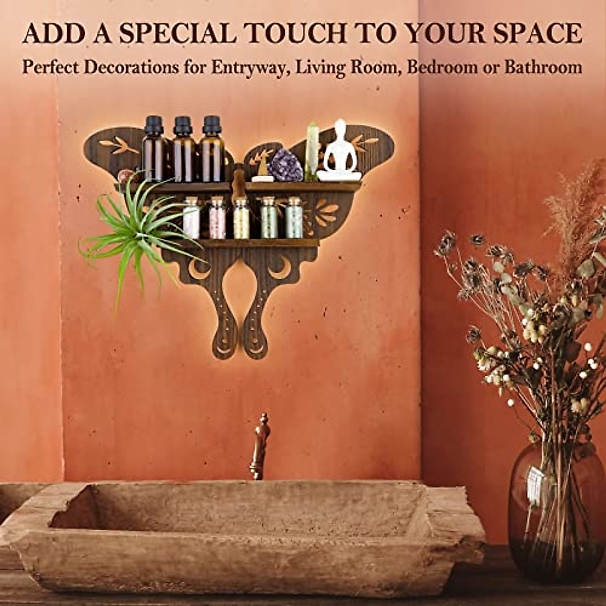 Luna Moth Crystal Shelf Display, Boho Pine Wood Wall Floating Shelves with Light for Gem Stone Essential Oil Storage, Bohemian Wooden Butterfly Hanging Witch Home Rustic Decor Holder for Bedroom Altar