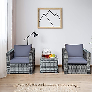 RELAX4LIFE 3-Piece Outdoor Furniture Set - All Weather PE Rattan Sofa Couch Set w/Thick Cushions & Tempered Glass Coffee Table, Patio Conversation Set for Lawn Yard Poolside (Grey)