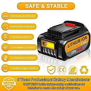 VANTTECH 2Pack DCB200 20V MAX 6.0Ah Battery Replacement for Dewalt 20V Battery DCB200 DCB180 DCB206 DCB206-2 DCB204 DCB204BT-2 DCB203 DCB201 DCD/DCF/DCG Series Cordless Power Tools