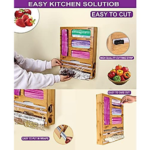 Plastic Wrap Dispenser with Cutter and Ziplock Bag organizer,6 IN 1 Bamboo Foil and Plastic Wrap Organizer for Kitchen Drawer & Wall Mount,Ziplock Bag Storage Organizer for Gallon,Quart,Sandwich,Snack