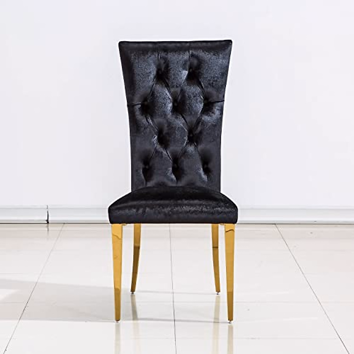 AZhome Dining Chairs, Black Velvet Upholstered Dining Room Chairs in Tufted Design, Modern Glam Gold Stainless Steel Legs, Set of 2