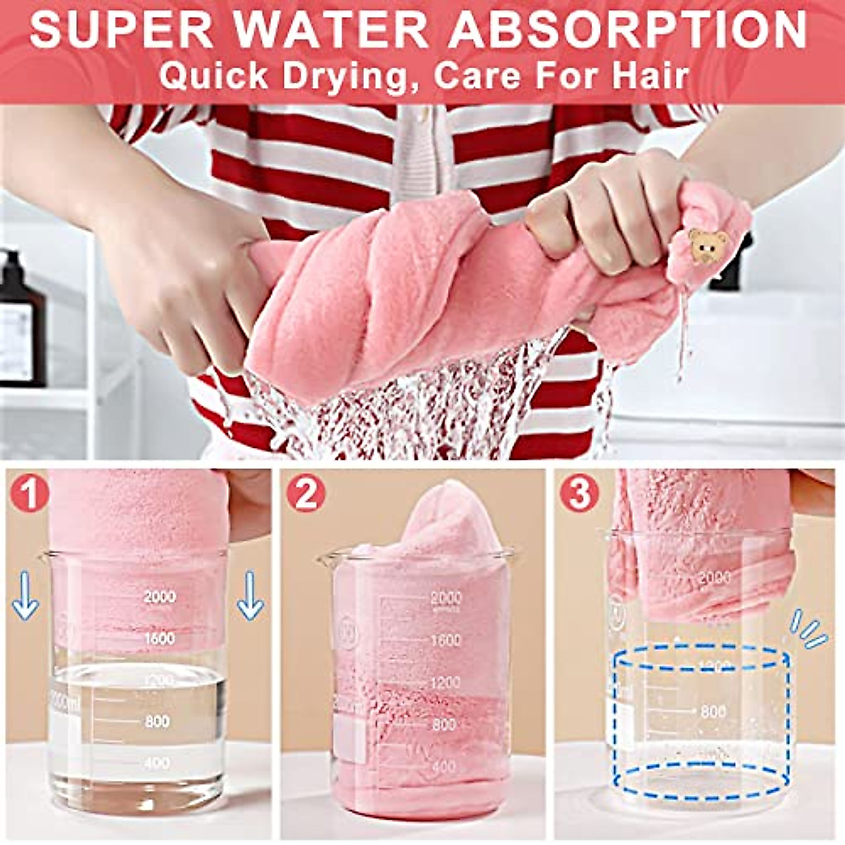 HAOBAOBEI Microfiber Hair Towels, 3-Pack Thickening Absorbent Hair Towels Wrap for Women Anti Frizz, Quick Drying Soft Hair Wraps Turbans (Pink, Blue, Brown)