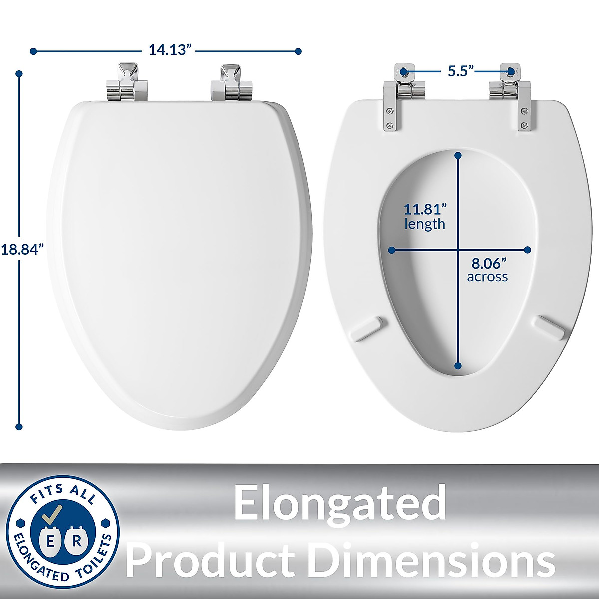 Mayfair Benton Toilet Seat with Chrome Hinges, Slow Close Wood Seat, Secure Metal Hinges, Easy Install, Elongated, White