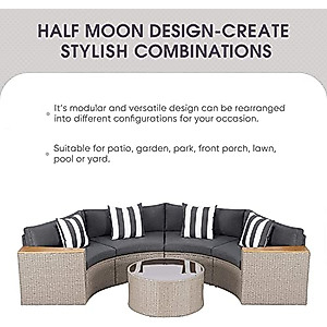 SOLAURA 5-Piece Patio Sectional Furniture Set Half-Moon Patio Set Grey Wicker Curved Outdoor Sofa with Grey Cushions & Round Glass Coffee Table (Pillow Included)