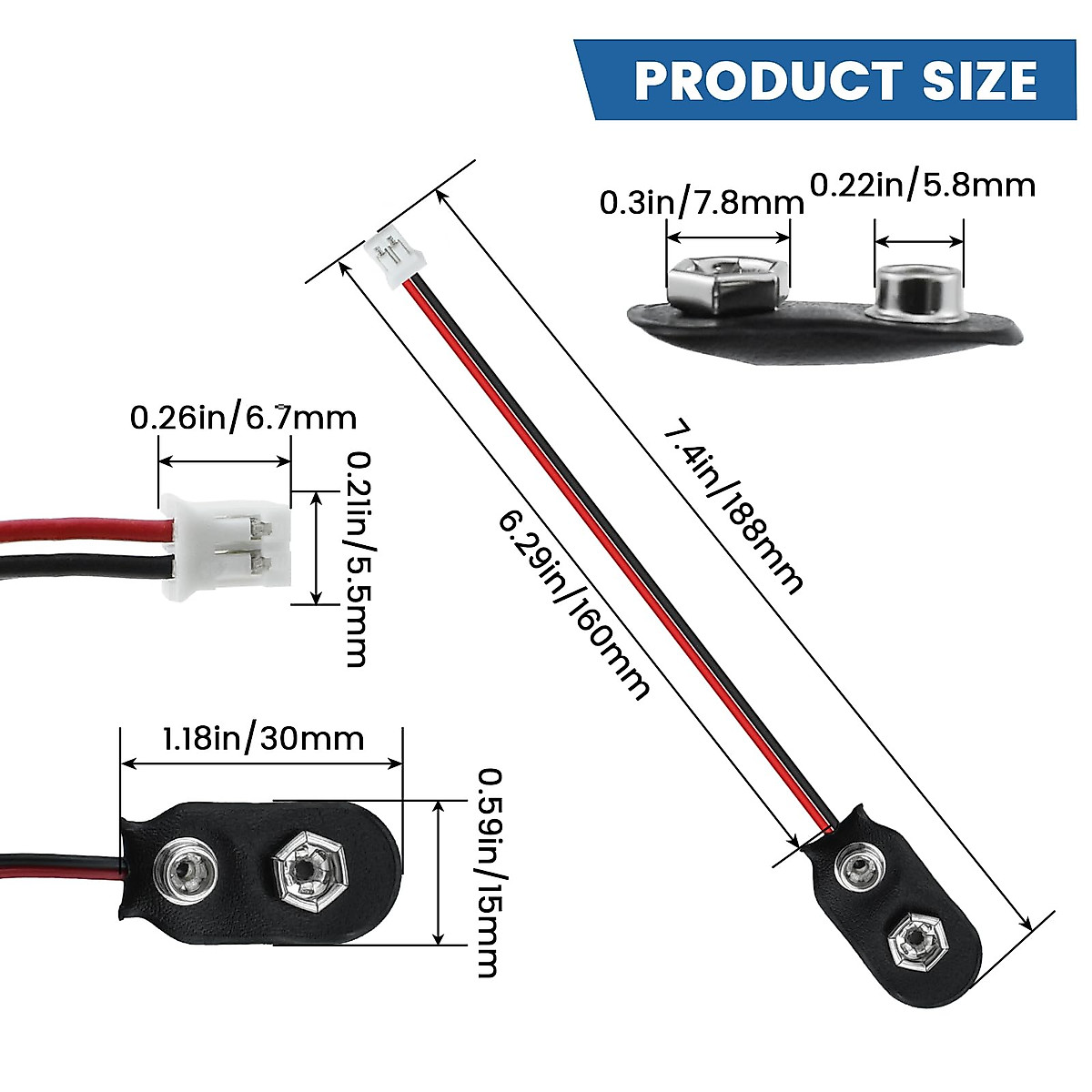 SDTC Tech 3 Pack 9V Battery Snap to 2-Pin PH2.0 Connector Cable I Type Battery Clip Lead Wire (15cm)