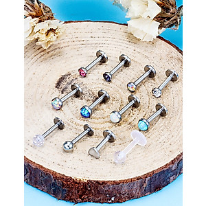 Kridzisw 16G Flat Back Cartilage Tragus Helix Conch Earring 16 Gauge Surgical Stainless Steel Silver Short Screw on in Opal Labret Monroe Medusa Lip Nose Ring Stud Bar Piercing Jewelry Women Men 6mm