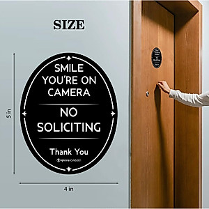 Ignixia No Soliciting Sign for House 4" x 5" Inches Smile You are on Camera Sign Digital Printed Oval Shape with Industrial Grade Adhesive No Soliciting Thank You Sign