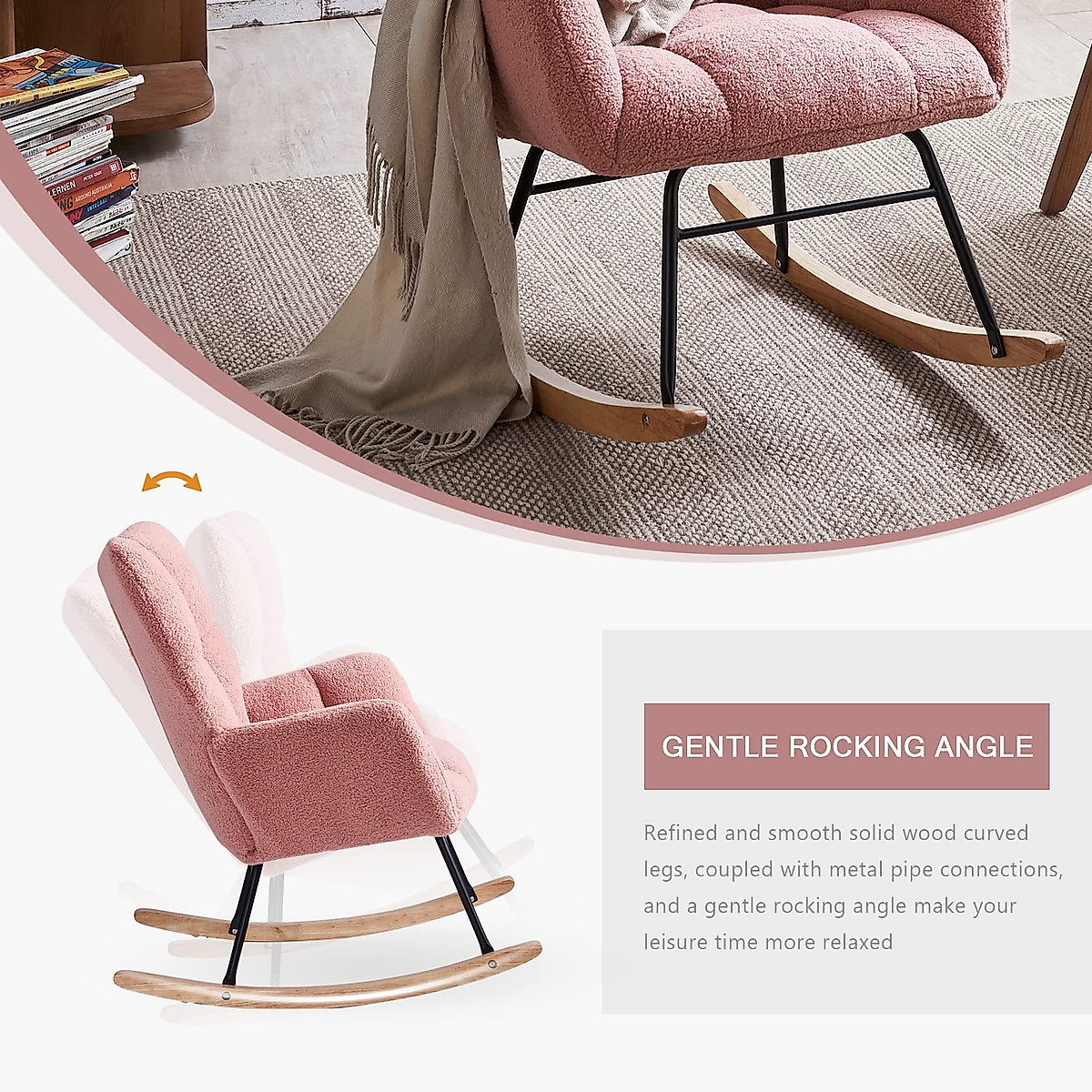 Ugijei Rocking Chair Nursery, Teddy Upholstered Glider Rocker with High Backrest, Modern Rocking Accent Chair for Nursery, Living Room, Bedroom (Pink)