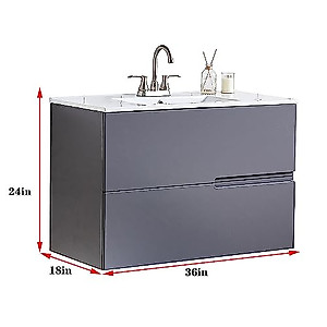 36" Bathroom Vanity with Sink,Wall Mounted Bathroom Vanity Cabinet,Gray Bath Vanity with White Ceramic Sink & Soft-Close Cabinet Door,Modern Floating Bathroom Vanity for any style of bathroom