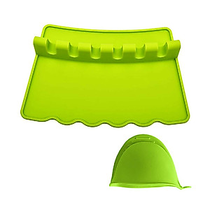 Silicone Utensil Rest with Drip Pad and Silicone Double Finger Grips, Heat-Resistant 410℉, BPA-Free Spoon Rest & Spoon Holder for Stove Top, Spoon, Ladle, Spatula (Green)