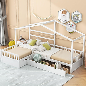 Lakifun L Shaped Bed Frame for Kids, Double Twin Corner House Bed with 3 Storage Drawers & Fence, Modern Solid Wood Platform Bed for Girls Boys Bedroom, Maximize Space (White)