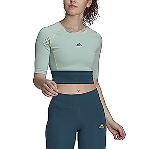 adidas Women's Sportphoria Short Sleeve Crop AEROREADY, Hazy Green/Wild Teal, X-Large