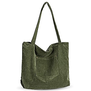 Etercycle Corduroy Tote Bag, Casual Shoulder Bag for Women Big Capacity shopping Handbags Work Tote Bag with Zipper Pockets (Green)