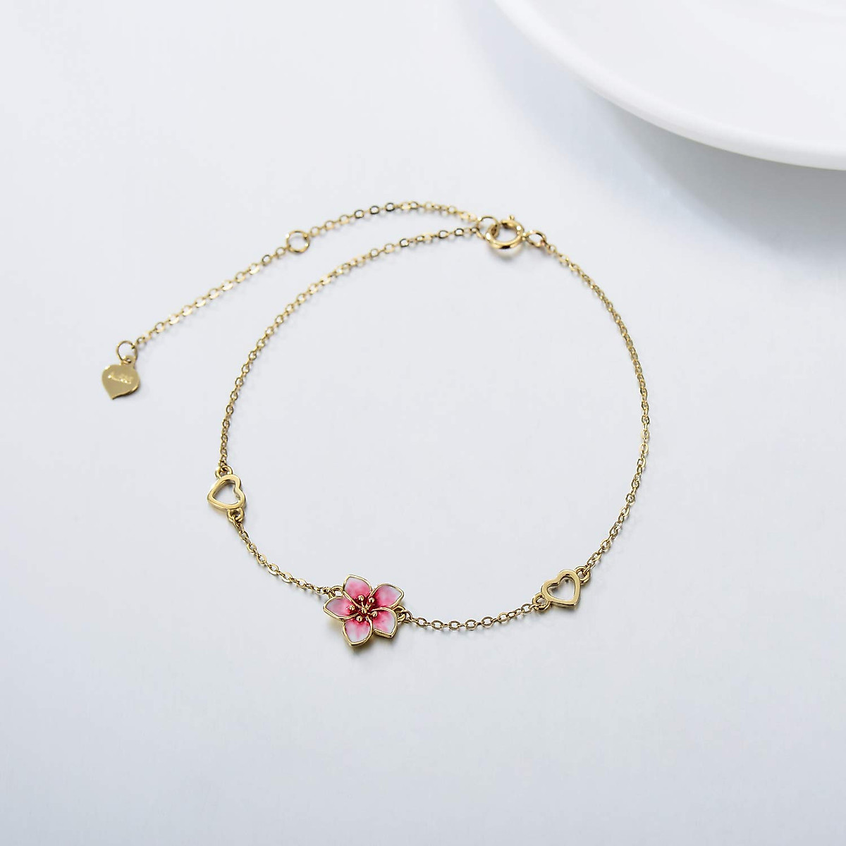 14K Solid Gold Cherry Blossoms Bracelet for Women,Yellow Gold Exquisite Heart Flower Anklet Bracelets,Anniversary Birthday Jewelry Gifts for Wife Mom 6.5''+1''+1''