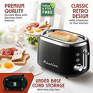 Mueller Retro Toaster 2 Slice with 7 Browning Levels and 3 Functions: Reheat, Defrost & Cancel, Stainless Steel Features, Removable Crumb Tray, Under Base Cord Storage, Black