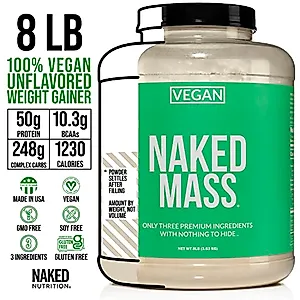 Naked Vegan Mass – Natural Vegan Weight Gainer Protein Powder – 8lb Bulk, GMO Free, Gluten Free, Soy Free & Dairy Free. No Artificial Ingredients – 1,230 Calories – 11 Servings