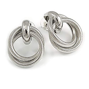 Double Interlocked Eternity Circle of Love Hoop Stud Earrings In Silver Tone - 30mm Long