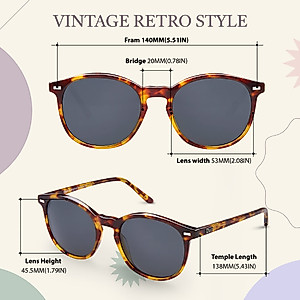 DUCO Retro Round UV400 Polarized Sunglasses for Women Men Vintage Shades Classic Acetate Trendy Fashion Sunglass DC1230 (Tortoise Frame Grey Lens)