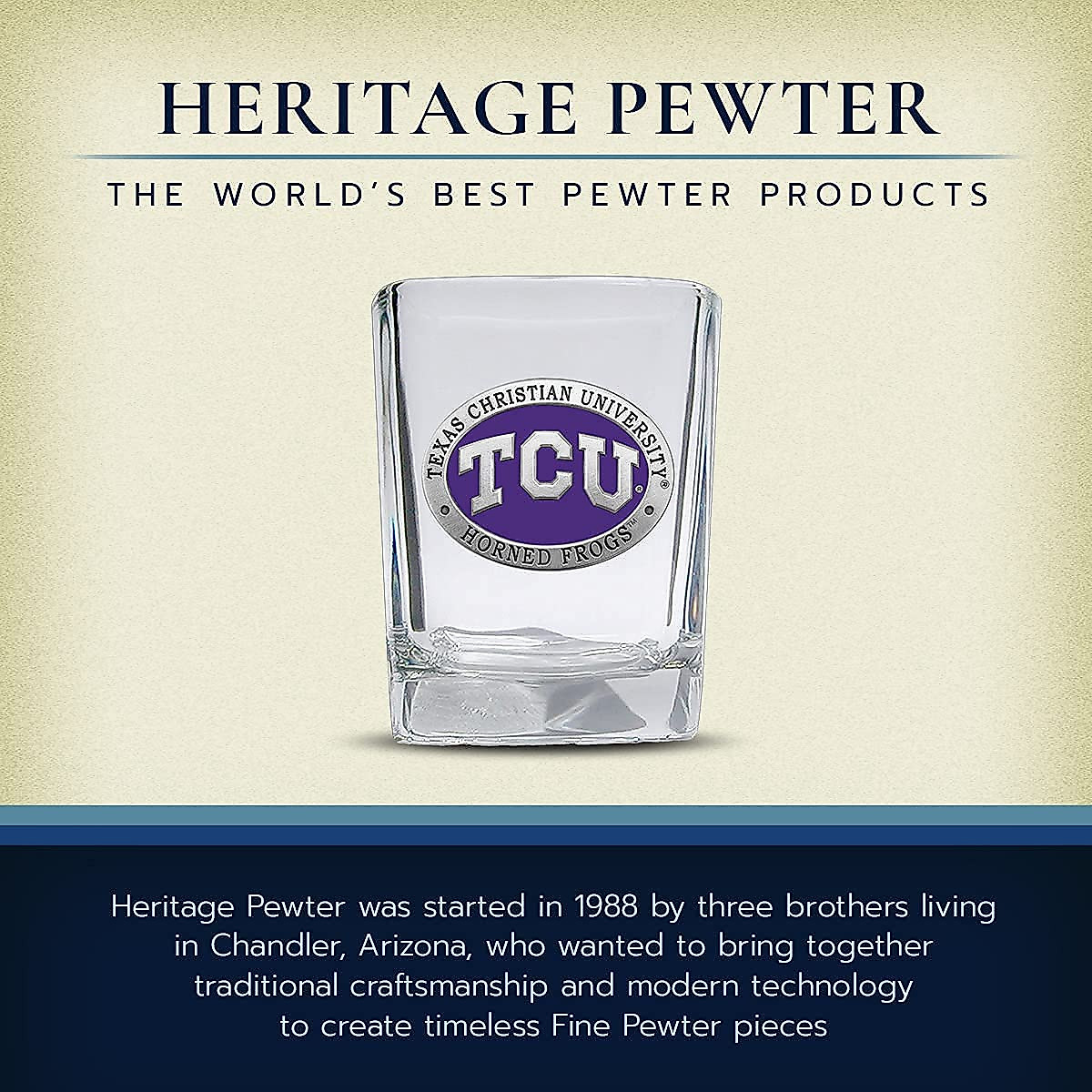 Heritage Pewter TCU Texas Christian University Square Shot Glass | Hand-Sculpted 1.5 Ounce Shot Glass | Intricately Crafted Metal Pewter Alma Mater Inlay