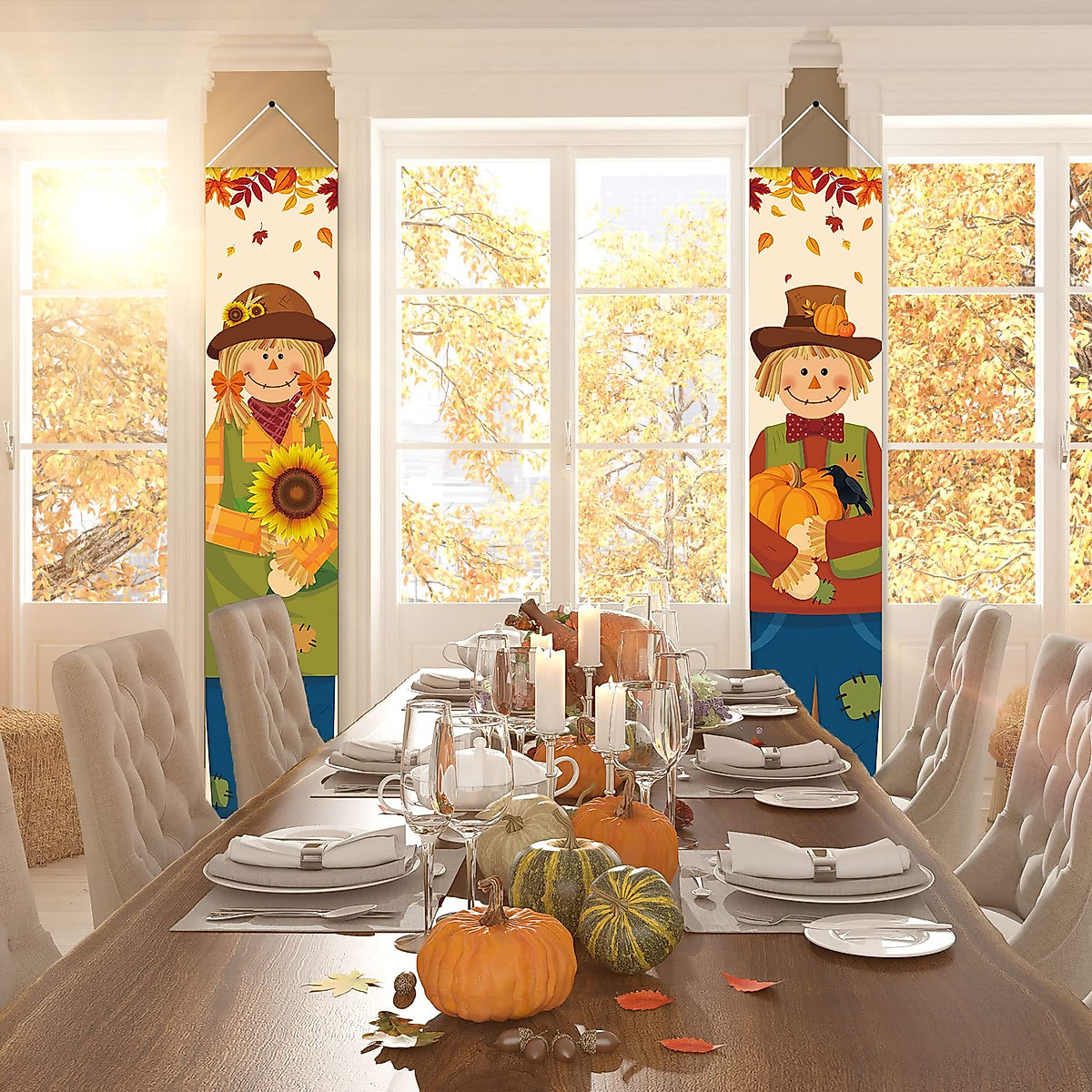2 Pcs Thanksgiving Porch Sign Banner Fall Harvest Banner Autumn Scarecrow Maple Leaves Pumpkin Hanging Door Sign for Indoor Outdoor Home Party Decorations, 12 x 71 Inch