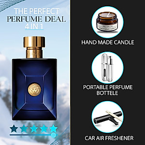 Dylan Blue Cologne for Men, 3.4 oz.Eau de Toilette Spray - Gift Set Pack With Lavender Soy Candle, Car Air Fresheners, and Empty Travel Perfume Atomizer