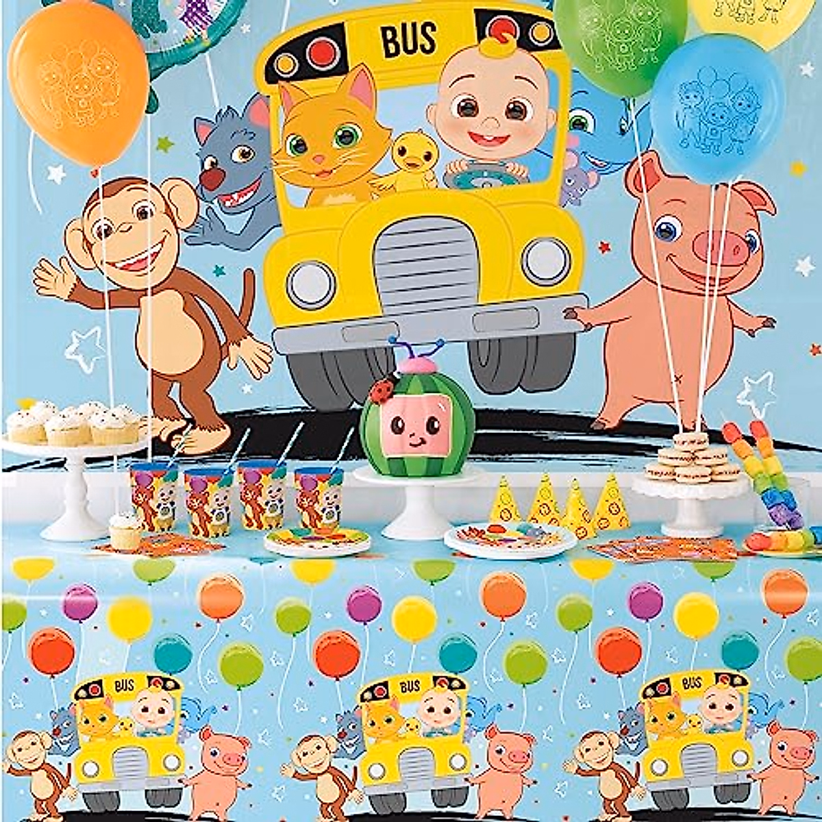 Unique CoComelon Birthday Decorations - Rectangular Plastic Table Covers (Pack of 3) and Sticker