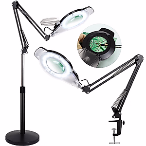 LED Magnifying Glass Floor Lamp with Clamp, KIRKAS 2,200 Lumens Super Bright Stepless dimming Facial Magnifier Lamp, Adjustable Stand and Swivel Arm Floor Light for Repair, Crafts and Tasks - Black