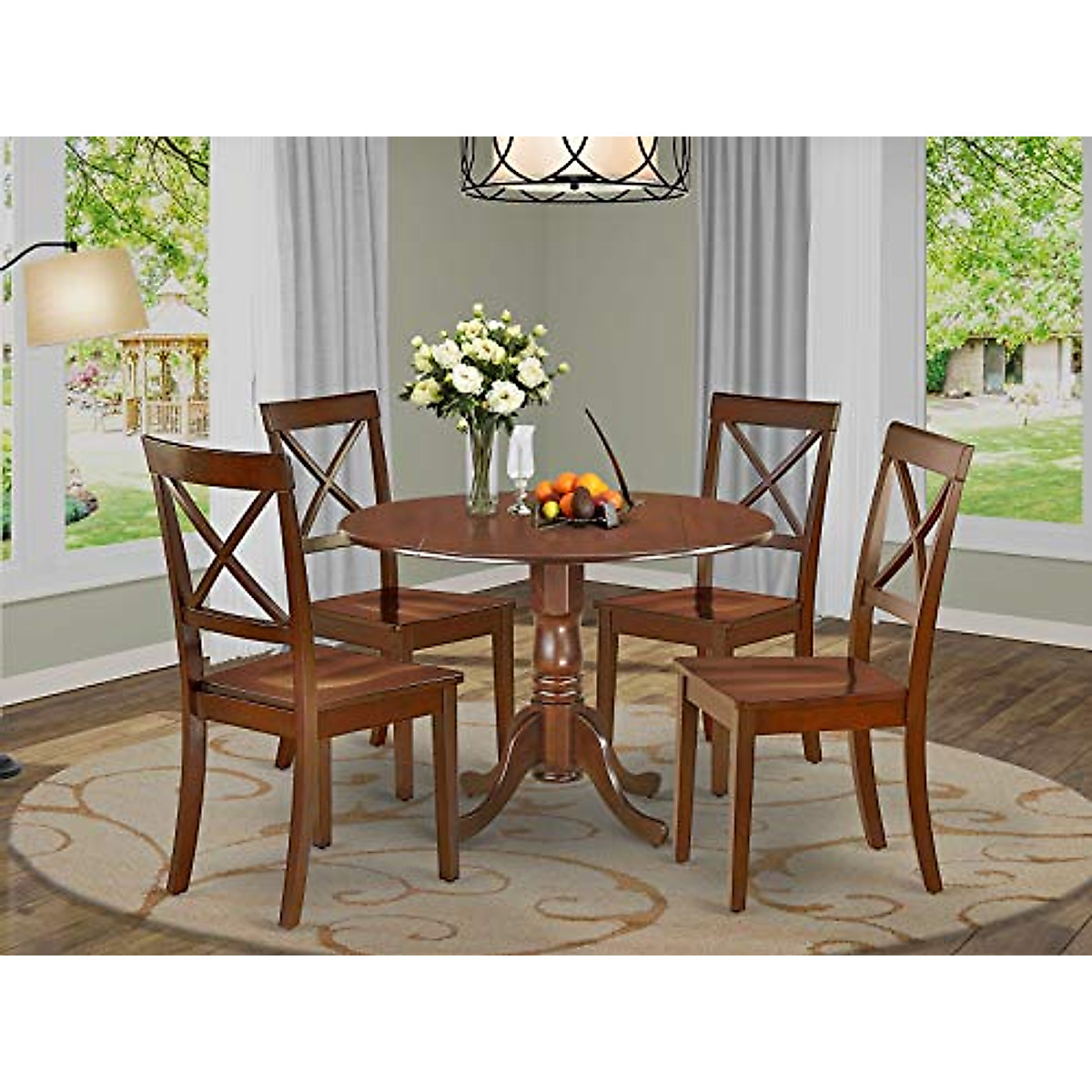 East West Furniture DLBO5-MAH-W 5-Piece Dining Table Set - 4 Dining Room Chairs with Wooden Seat - A Lovely Kitchen Table with Two 9-inch Drop leaves (Mahogany Finish)