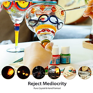 YY Hand Painted Margarita Glass - Moroccan Collection - Hand Painted Glassware by Artists - Unique and Decorative Margarita Glasses, Kitchen Table Décor (Flamingo)