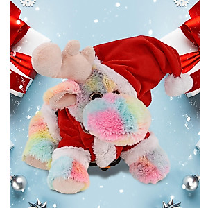 DolliBu Santa Rainbow Floppy Moose Stuffed Animal Plush Toy - Super Soft Dress Up with Red Santa Claus Outfit, Cute Moose Gift Perfect Holiday with Name Personalization - 9 Inches