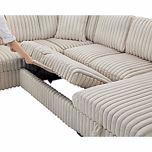 RENDGO 122“ Oversized Sectional Sleeper Sofa with PullOut Bed, U Shape Sectional Couch with Storage Chaise Lounge for Apartment Living Room, 6 Seat Corduroy Sofa with USB Port, Khaki