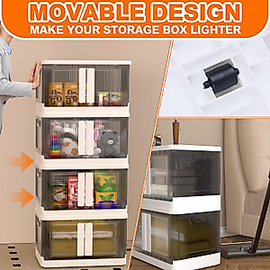 HoneySky 34Quart Storage Bins with Lids and Wheels, Stackable & Collapsible Closet Organizers and Storage, Foldable Storage Containers Plastic Shelves for Clothes Shoe Book, White, 4 Pack