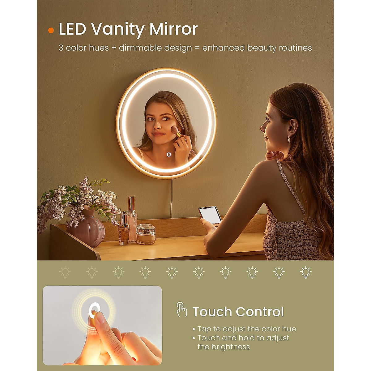 SONGMICS HOME BOHOVEN Collection - Vanity Desk with Mirror and Lights, Makeup Vanity with 3 Rattan-Like Drawers, Touch Control Light with 3 Color Hues, Dimmable, Boho Style, for Bedroom, Oak Beige