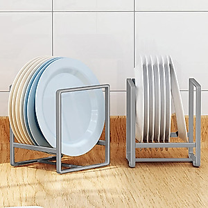 MINGFANITY 2PCS Plate Holders Organizer, Metal Dish Storage Dying Display Rack for Cabinet, Counter and Cupboard, Grey, Small