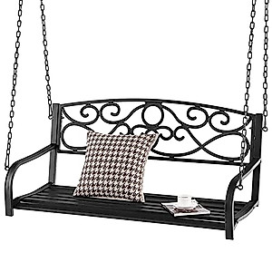 Tangkula 2 Person Hanging Porch Swing, Patio Swing Bench with Chains, Backrest & Armrests, Classic Outdoor Metal Swing Chair for Garden, Deck, Backyard (Black)