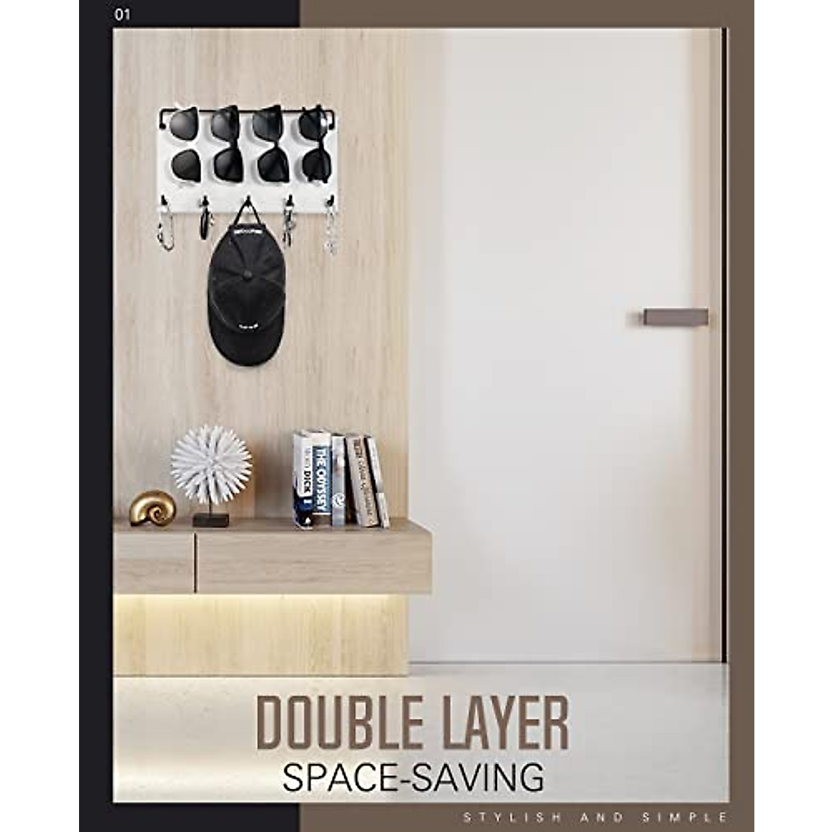 Emibele Sunglass Organizer Wall Key Holder, Decorative Wood Wall Jewelry Organizer Glasses and Sunglass Holder Display with 5 Hooks Key Rack Hanging Eyeglass Storage for Entryway Living Room, White