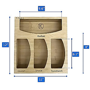 Kraze Home Bamboo Ziplock Bag Organizer & Dispenser, Kitchen Drawer Organizer, Bamboo Drawer Organizer, Baggie Organizer, Compatible with Ziploc/Glad/Gallon/Quart/Sandwich & Snack Size Bags