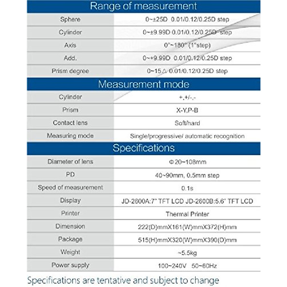 JD-2600A 7'' LCD Touch Screen New Digital Auto Lensmeter Lensometer Focimeter