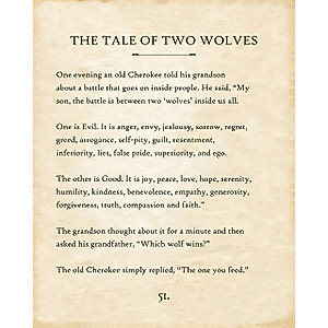 The Tale of Two Wolves Cherokee Poster - Canvas or Poster Native American Book Page Print - Great Motivational and Inspirational Gift for Home and Office Native American Decor for Home