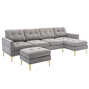 U-Shaped Sectional Sofa w/Reversible Chaise and Movable Ottoman, 110"W 5-Seater Convertible Corner Couch Modern Design Comfy Sofa & Couch with Side Pockets and Nail Head for Home Office Apartment