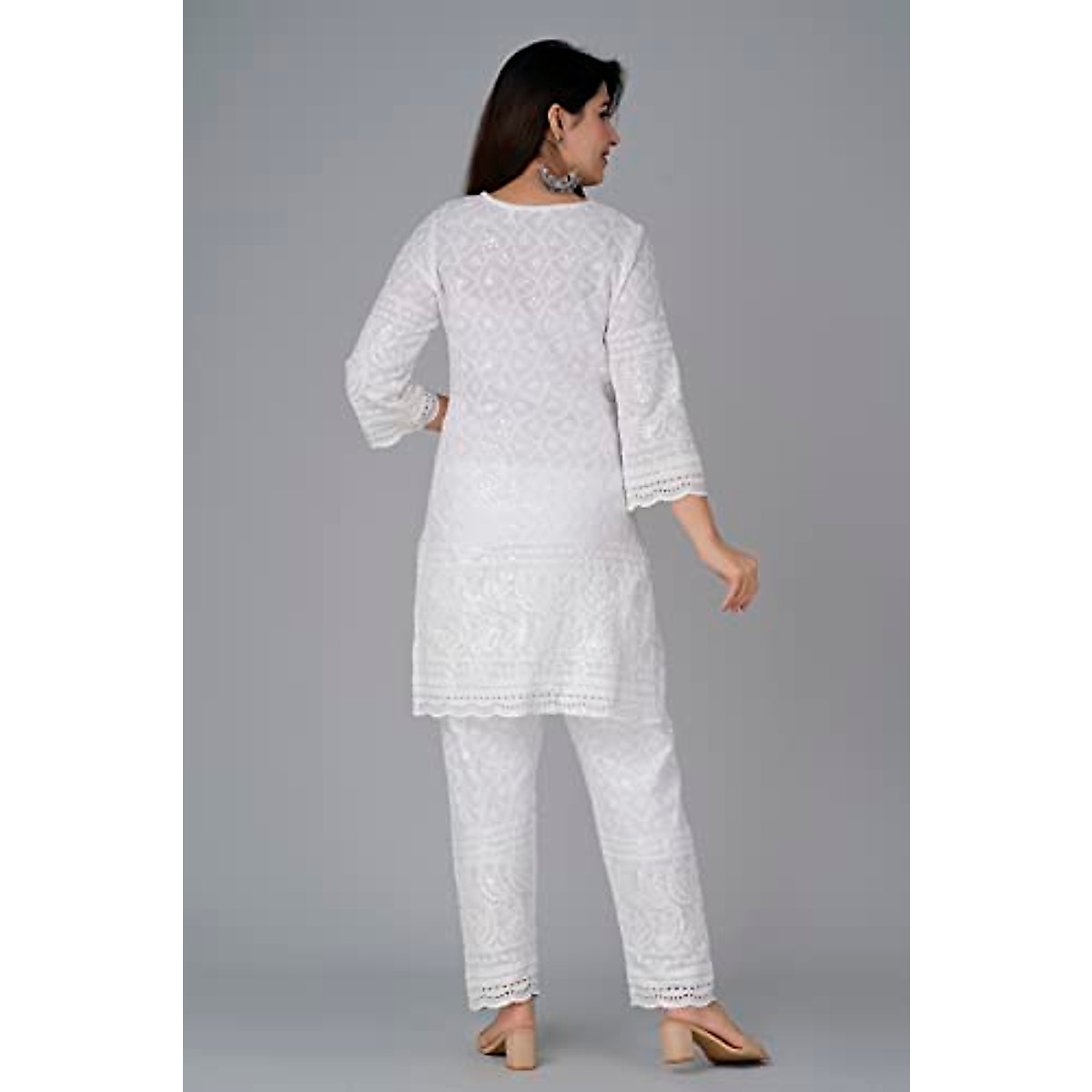 JG JAI GOVINDAM Chikankari Cotton Indian Kurtis for Women Summer Dresses Tunic Top Pant Set Pakistani Salwar Kameez Suit Set White-(X-Large)
