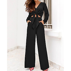 PRETTYGARDEN Women's 2 Piece Outfits 2025 Spring Casual V Neck Long Sleeve Strappy Crop Top Wide Leg Palazzo Pant Sets(Solid Black,X-Large)