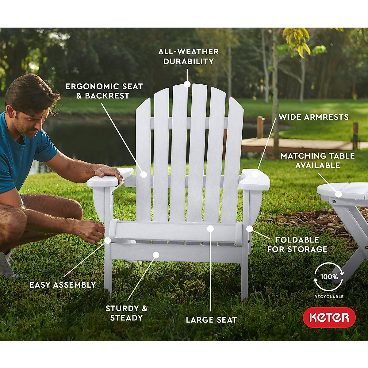 Keter Willoughby Folding Adirondack Chair with Weatherproof Finish, Outdoor Furniture for Entertaining by The Pool, Patio, and Fire Pit, Easy Assembly for Sturdy and Steady Outdoor Seating, White