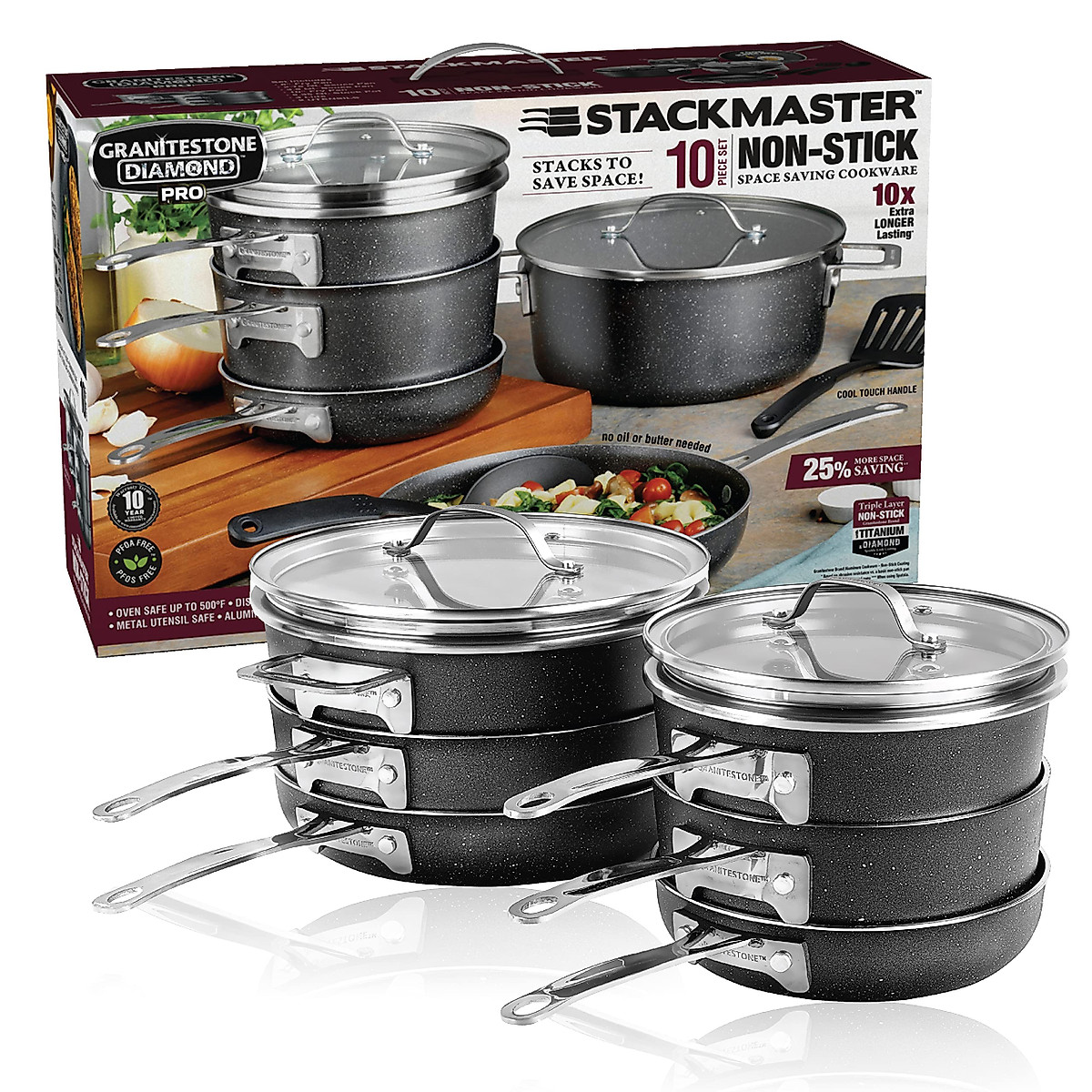 Granitestone Stackable Pots and Pans Set Nonstick, 10 Piece Space Saving Complete Kitchen Cookware Set with Ultra Nonstick Mineral & Diamond Coating, Oven & Dishwasher Safe, Healthy & Toxin Free-Black