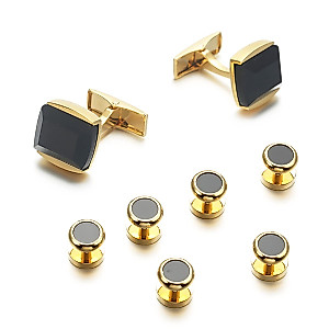 Simple Black Agate Tuxedo Cufflinks & Studs Set Basic Silver Formal Set YW42G (Soft Square Set Gold)