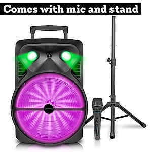 1600 Watts Bluetooth Speaker with Tripod, Wired Microphone & Remote Control | Rechargeable 15" Two Way Bluetooth DJ Light Speaker Package with USB SD Card inputs by Technical Pro