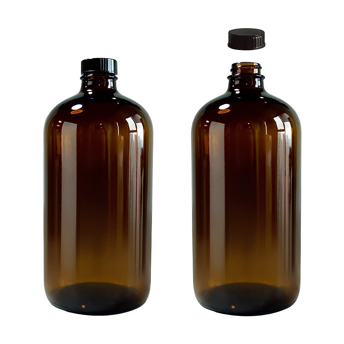 GPK4ALL 32oz 946ml Amber Boston Round Bottle with 28-400 Black Poly cone Phenolic caps, pack of 2