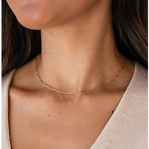Lcherry Dainty Paperclip Choker Necklace 14K Gold Plated Paper Clip Chain Necklace for Women